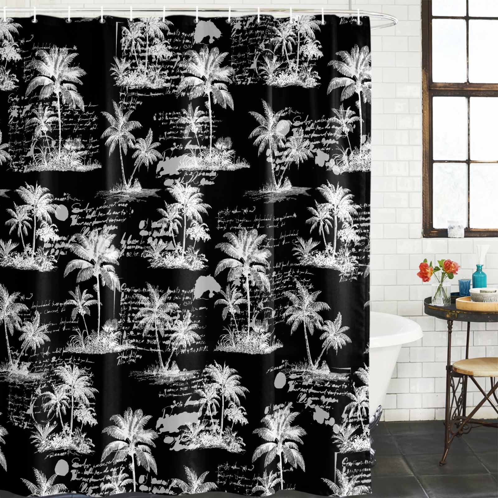 Black Retro Tropical Shower Curtain, Palm Trees Old Newspapers Summer ...