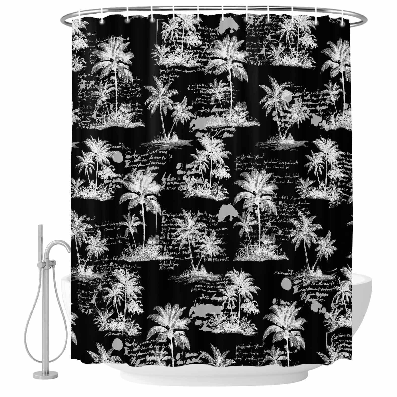 Black Retro Tropical Shower Curtain Set with Hooks, Palm Trees Old ...