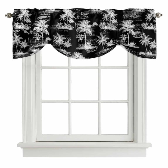 Black Retro Tropical Tie Up Valance Curtains Palm Trees Old Newspapers ...