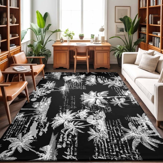 Black Retro Tropical Washable Area Rug 9 x 12 ft Palm Trees Old ...