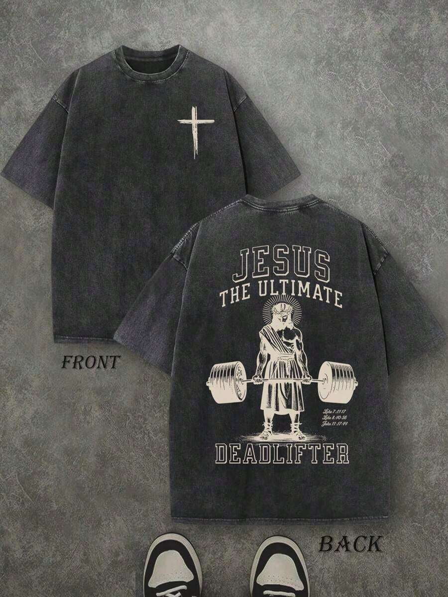 Black Retro Washed Cotton T-Shirt Double Sided Print Jesus Ultimate ...