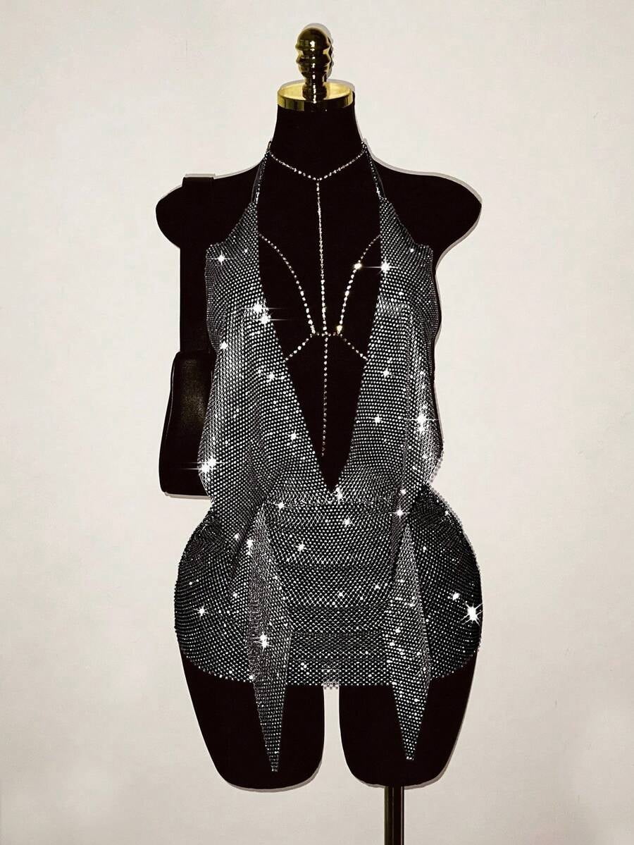 Black Rhinestone Fishnet Halter Mini Dress, Sheer Sparkling Overlay ...