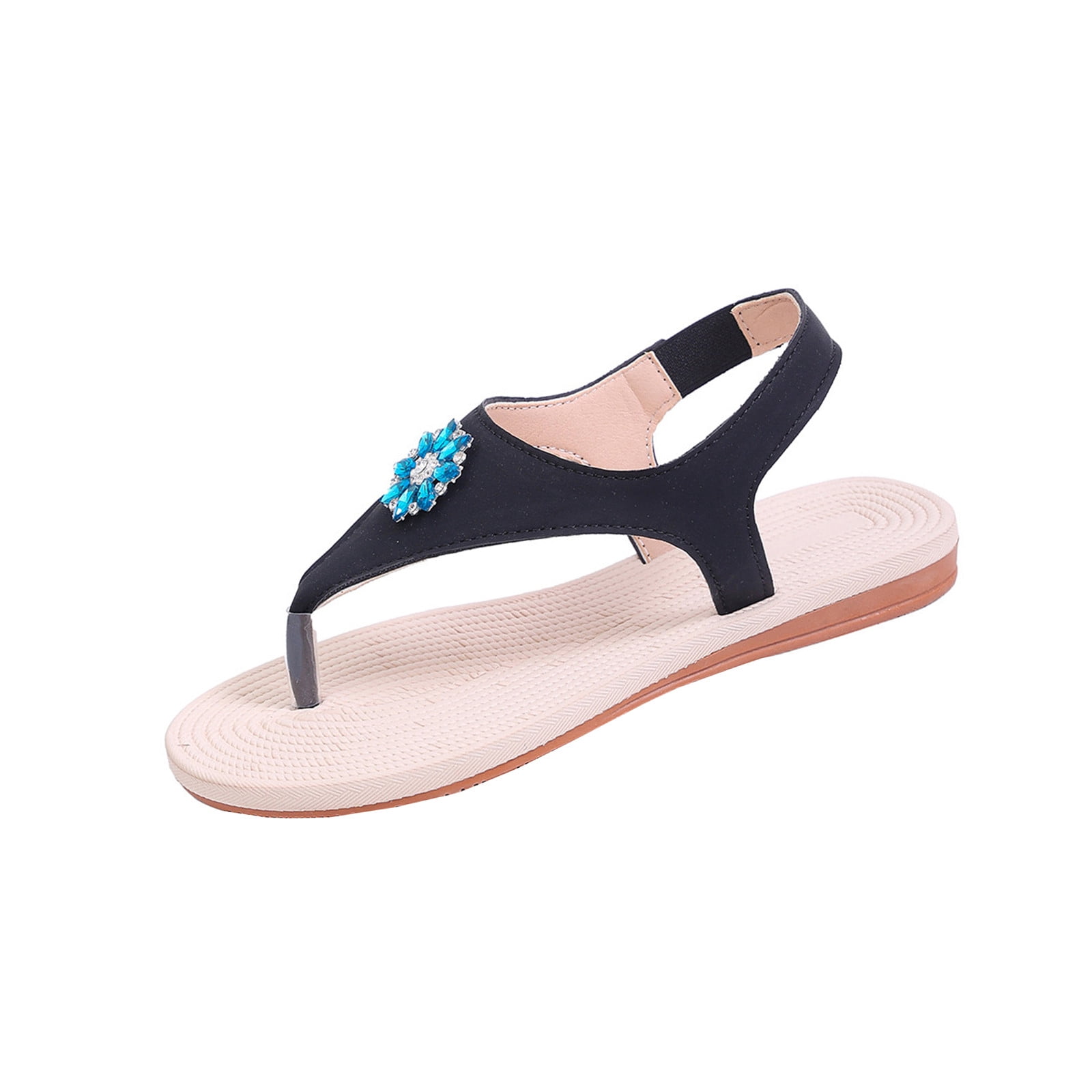 Black Rhinestone Sandals For Women Thong Elastic Flat Round Toe Open ...
