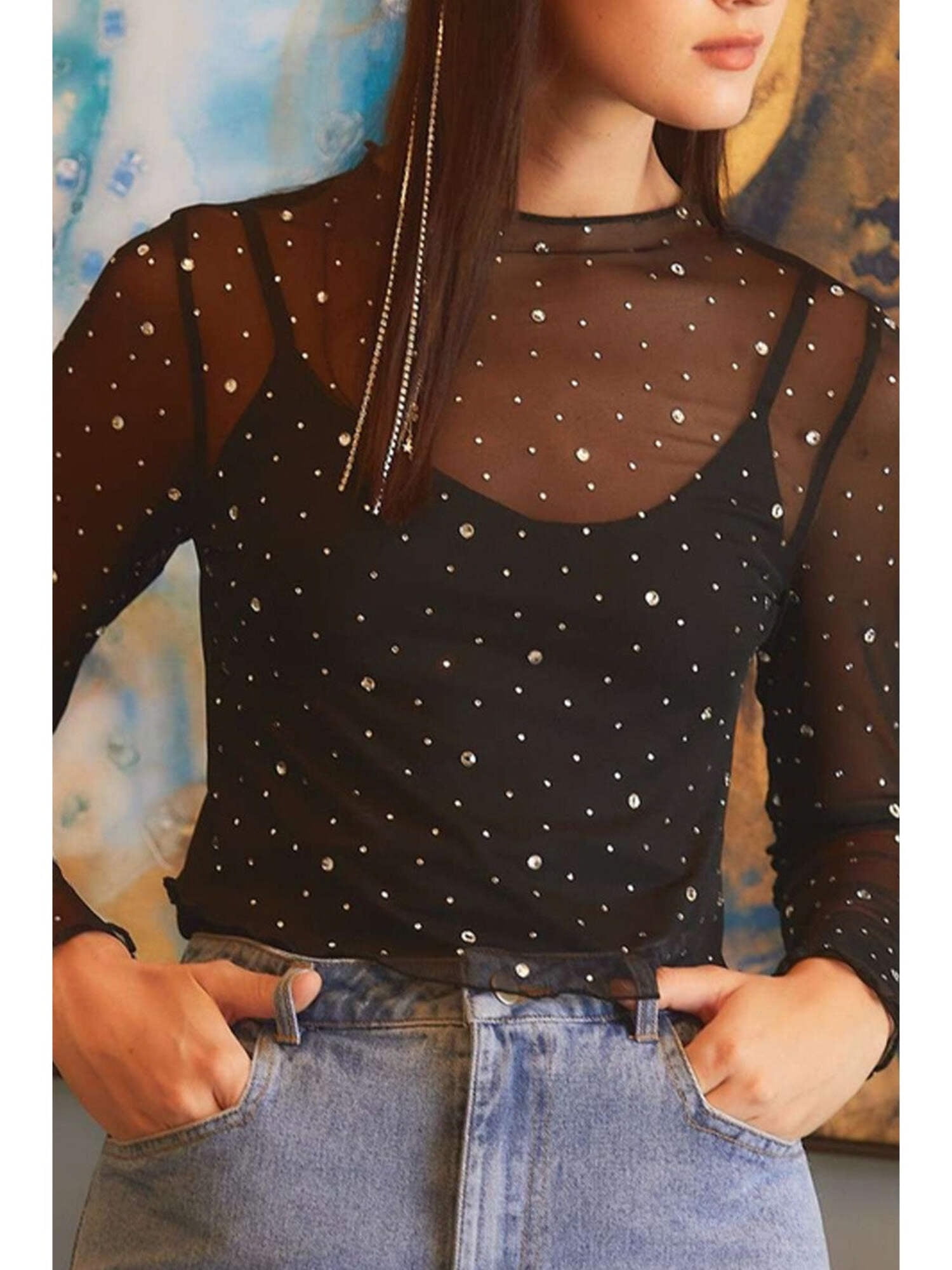 Black Rhinestone Sheer Mesh Slim Fit Long Sleeve Top - Walmart.com