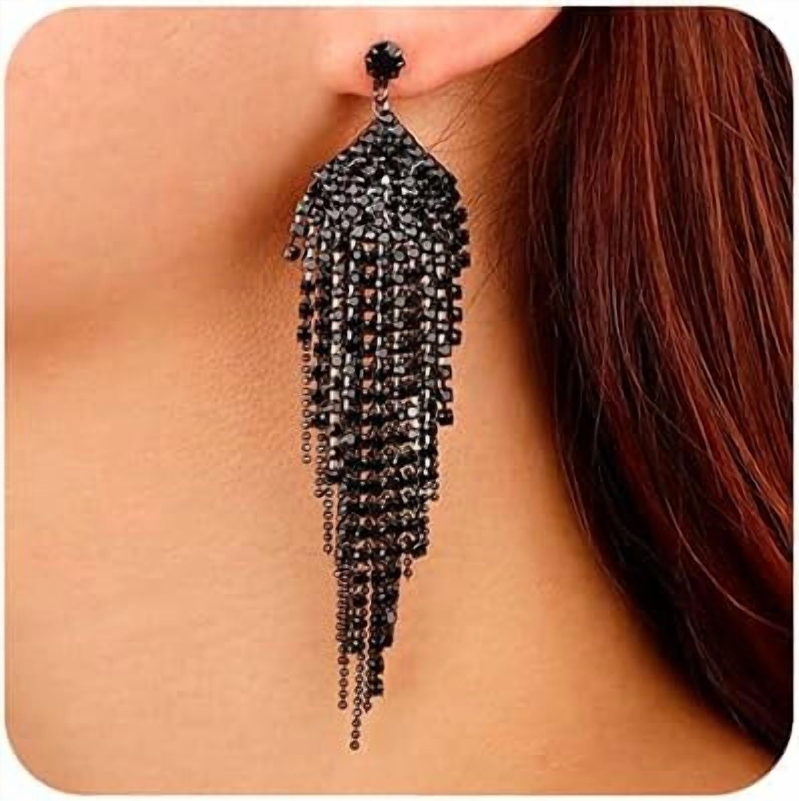 Black Rhinestones Chandelier Crystal Tassel Earrings for Women Large ...