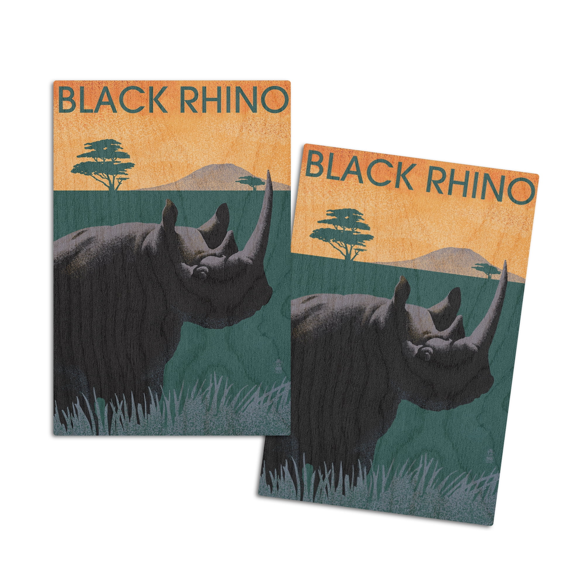Black Rhino, Lithograph Series (4x6 Birch Wood Postcards, 2-Pack ...