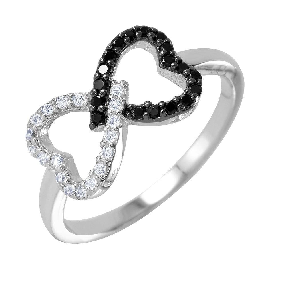 Black Rhodium Plated Sterling Silver 925 Twin Interlocking Hearts Ring ...