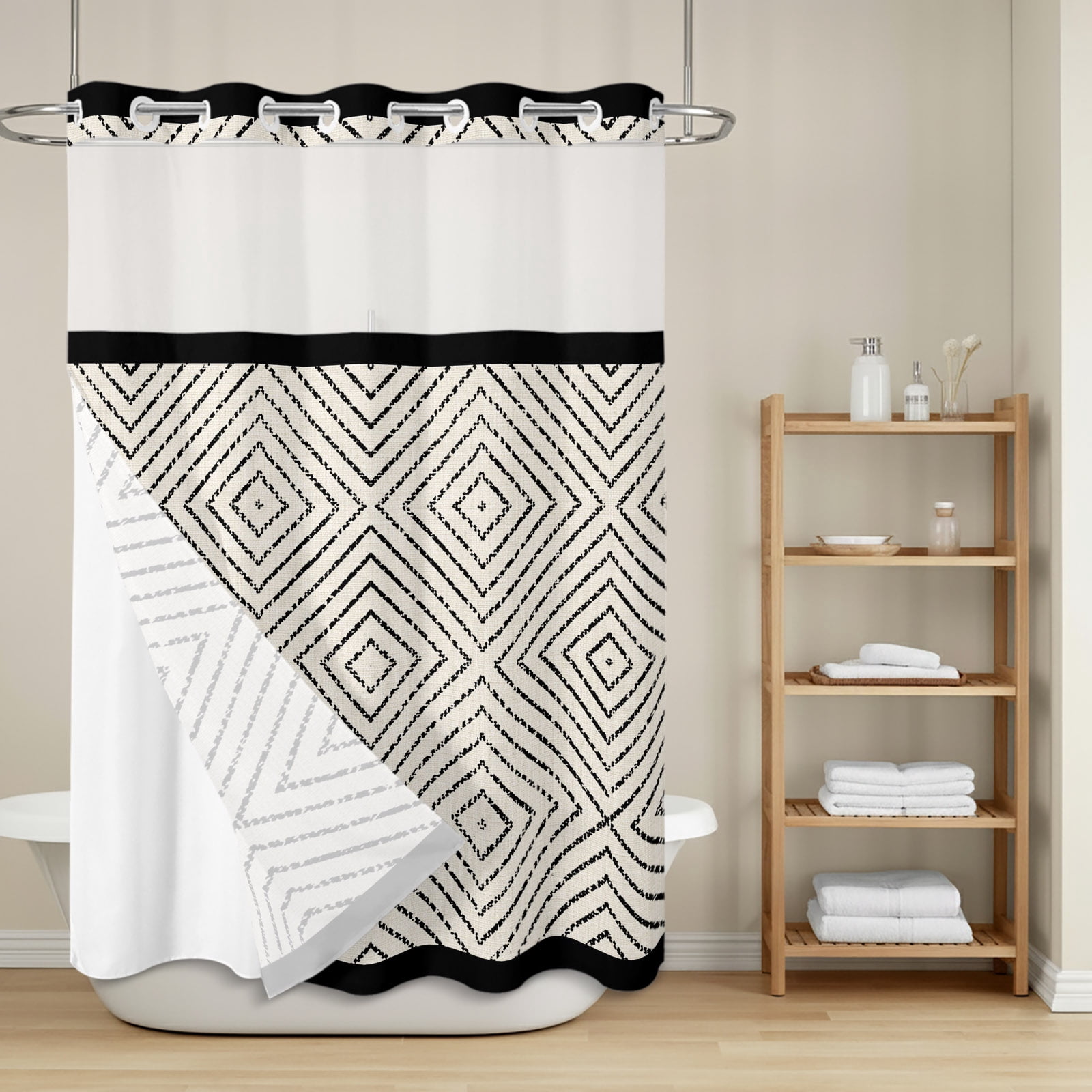 Black Rhombus Frames No Hook Shower Curtain with Snap in Liner ...