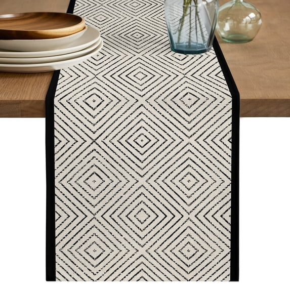 Black Rhombus Frames Table Runner, Minimalist Boho Concentric Lines ...