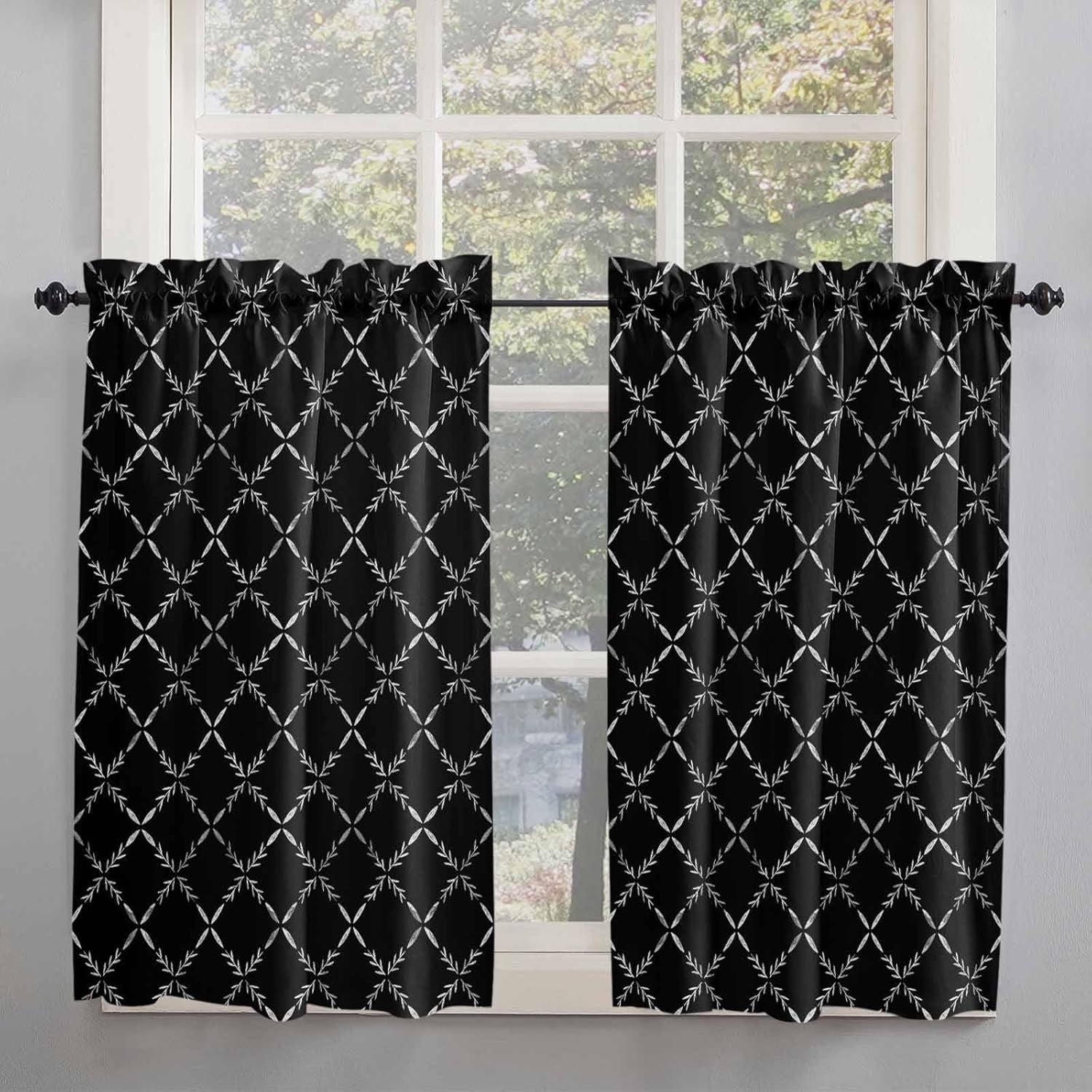 Black Rhombus Window Short Curtains 54 Inch Length, Rustic Modern Plaid ...