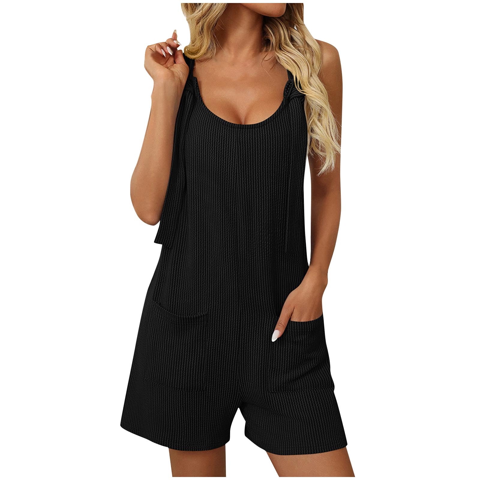 Black Ribbed Crochet Straight Leg Plain Casual Overalls Shortalls for Women Fall Summer Loose ...