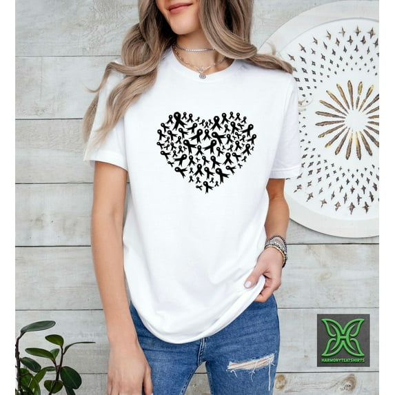 Black Ribbon Heart Melanoma Cancer Awareness Shirt for All Ages,Skin ...