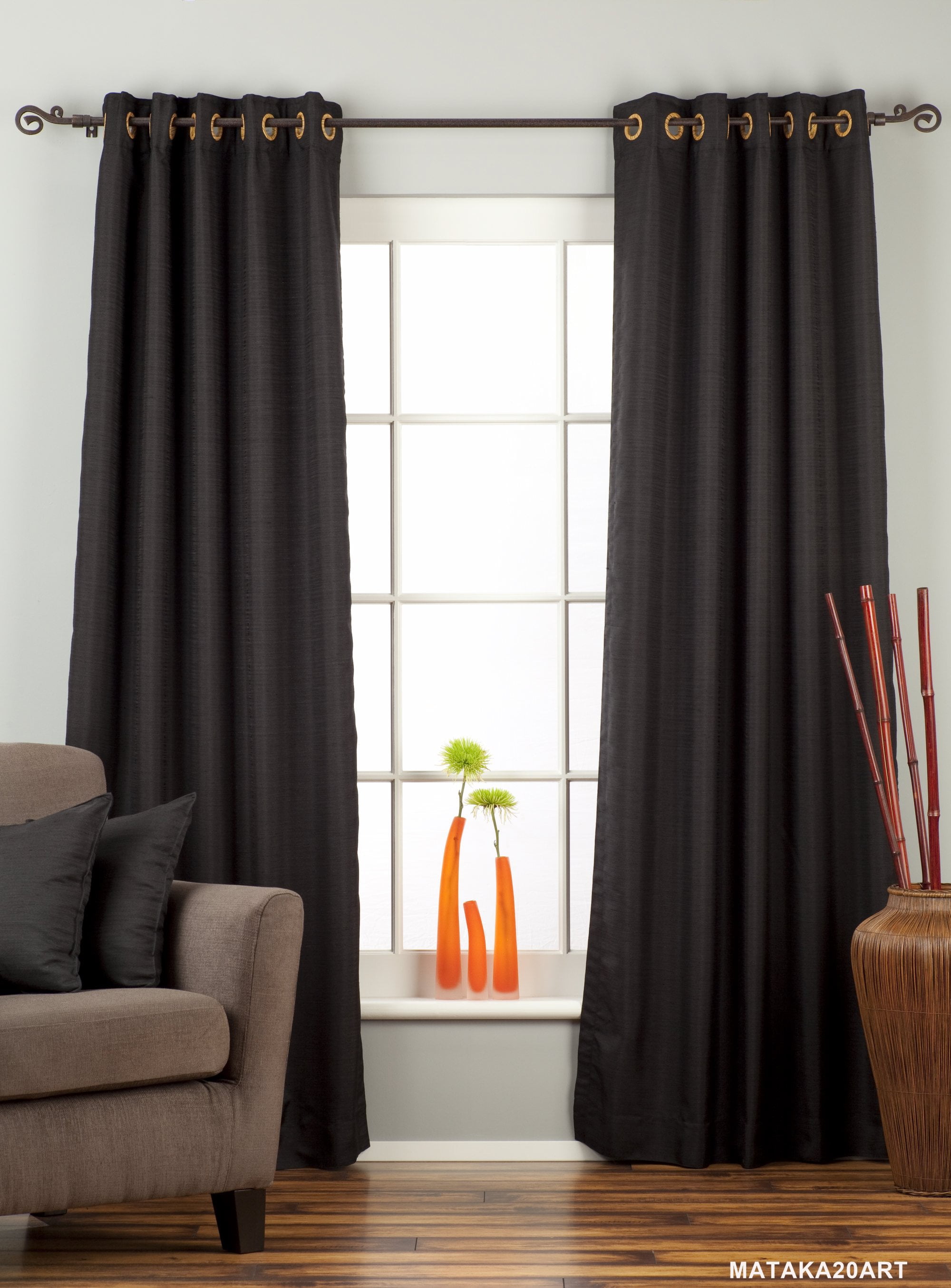 Black Ring Top Matka Raw Silk Curtain / Drape - 43W x 120L - Piece ...