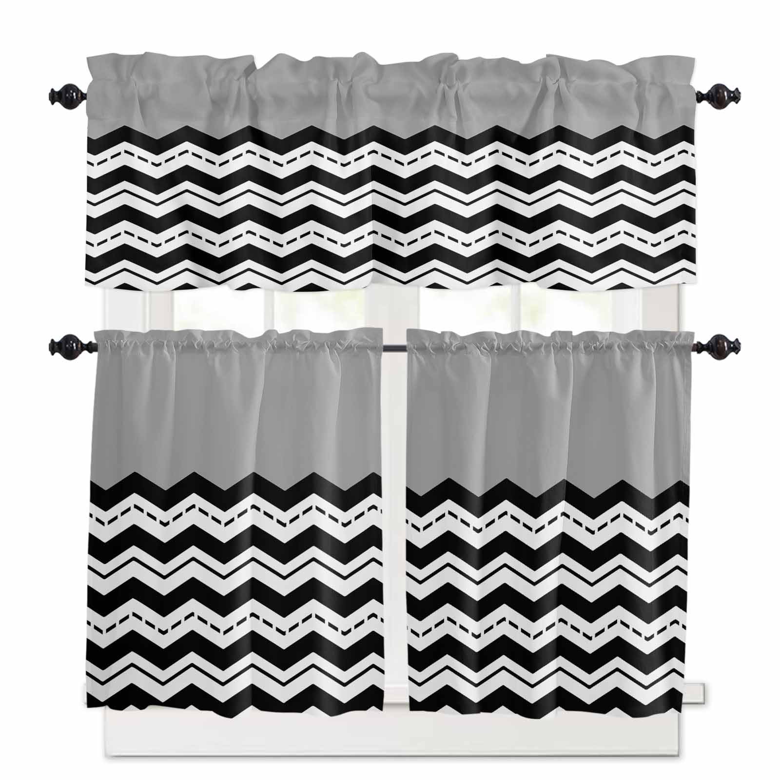 Black Ripple Kitchen Curtains and Valances Set, Black Striped Simple ...