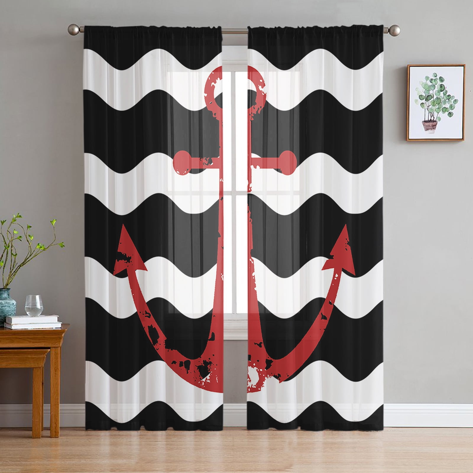 Black Ripple Red Anchor Printed Curtains Drape Sheer Tulle Home ration ...