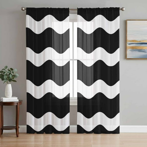Black Ripple Semi Sheer Curtains 84 Inch Length 2 Panels Set, Simple ...
