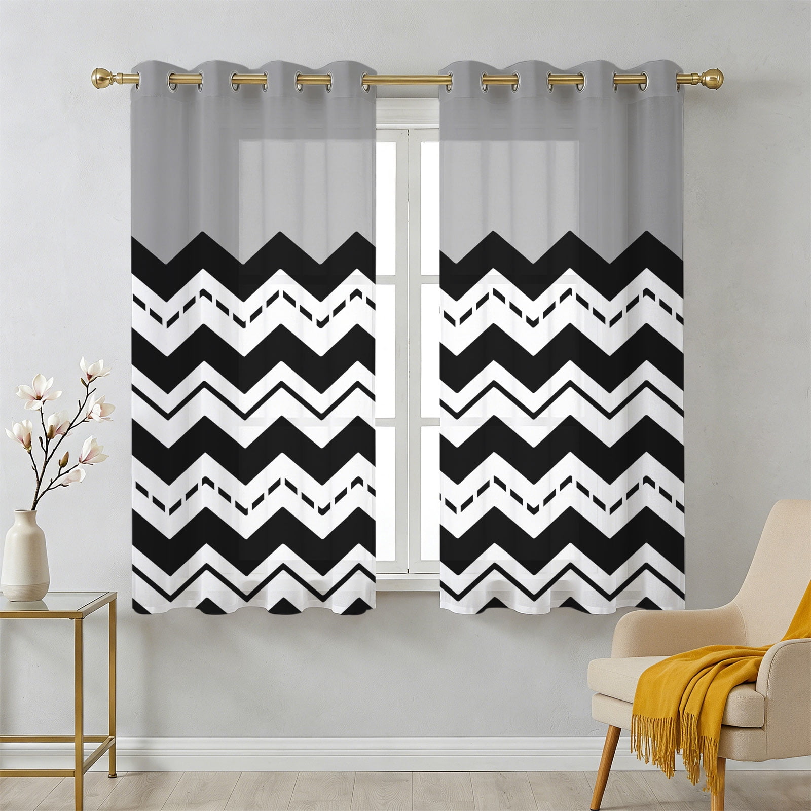 Black Ripple Sheer Curtains 54 Inch Long 2 Panels, Black Striped Simple ...