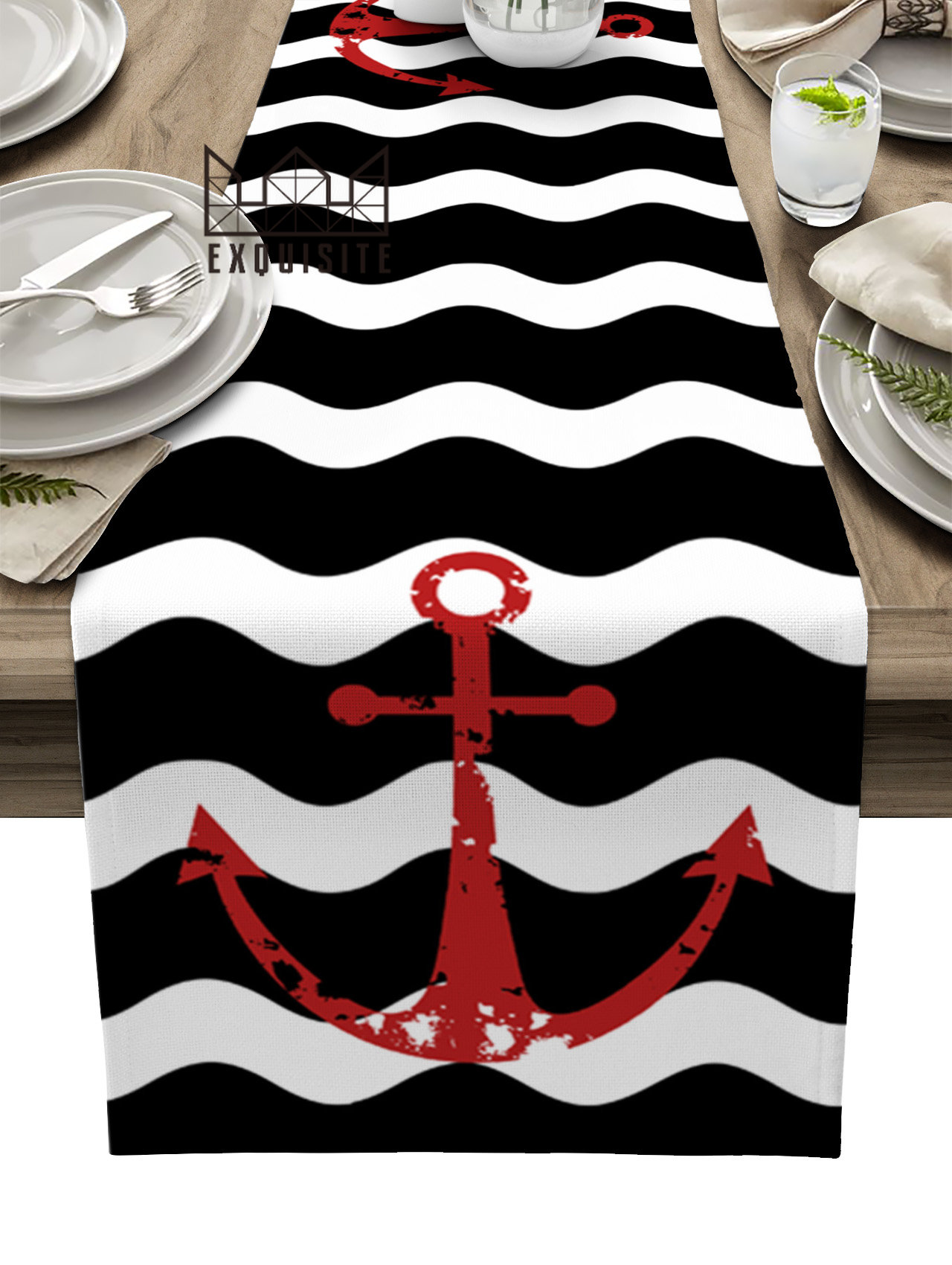 Black Ripple Stripe Red Anchor Table Runner Wedding Party Dining Table ...