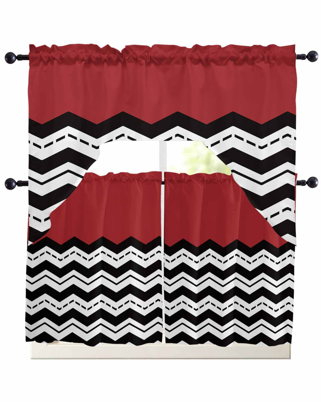 Black Ripple Swag Valance and Tier Curtains Set Black Striped Simple ...
