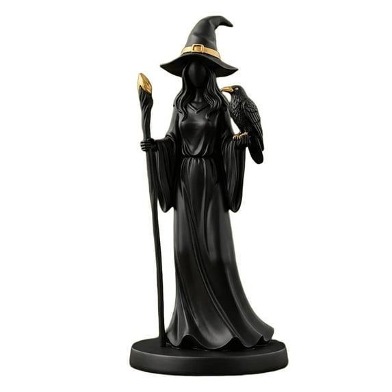 Black Robe Witch with Raven Holding Scepter Statue - Halloween Witch ...