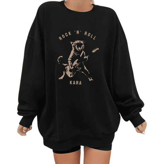 Black Rock Guitar Cat Trendy Fun Match Sweatshirt with Rock Guitar Cat ...