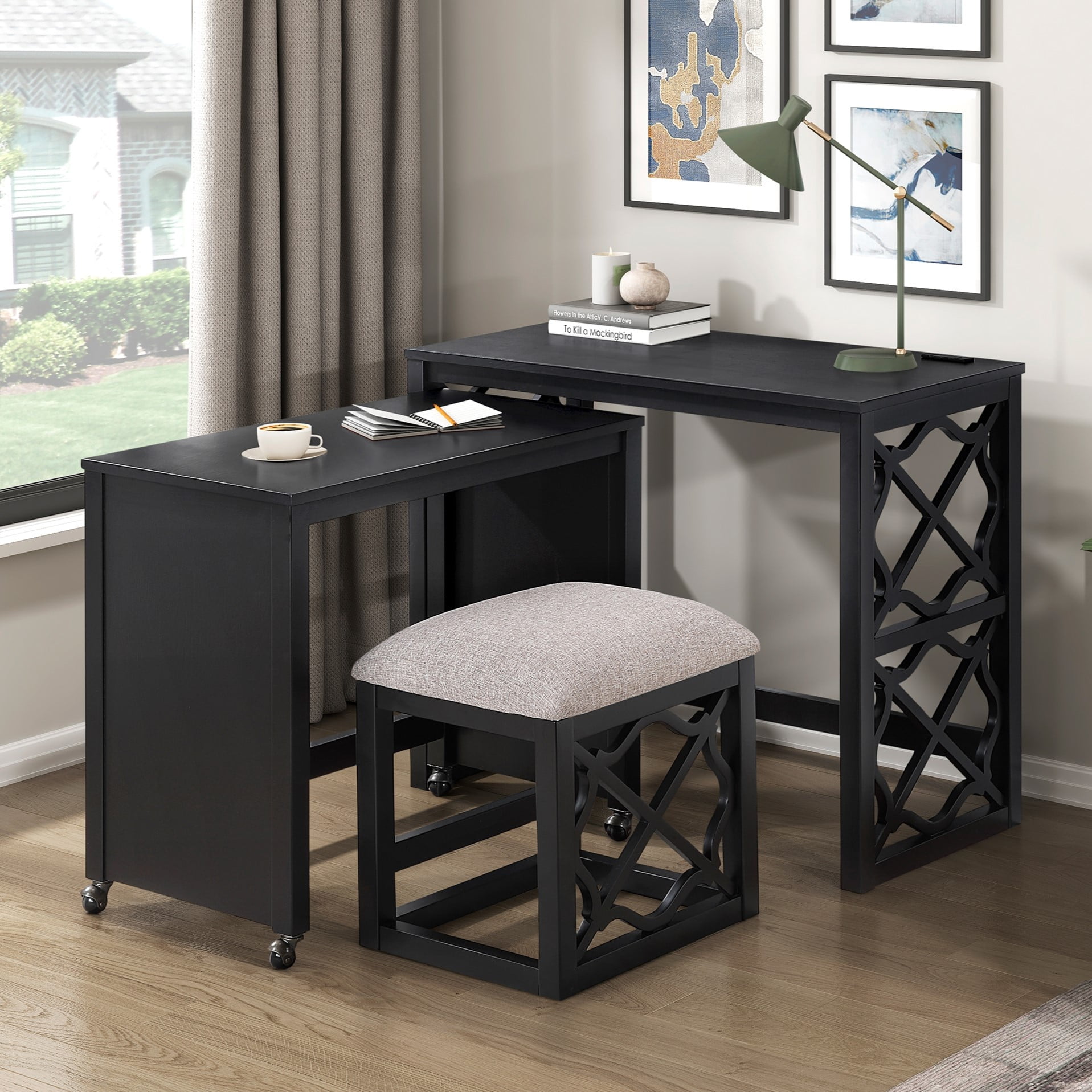 Black Rolling Desk Set with USB Ports - Wood Desks for Home Office ...