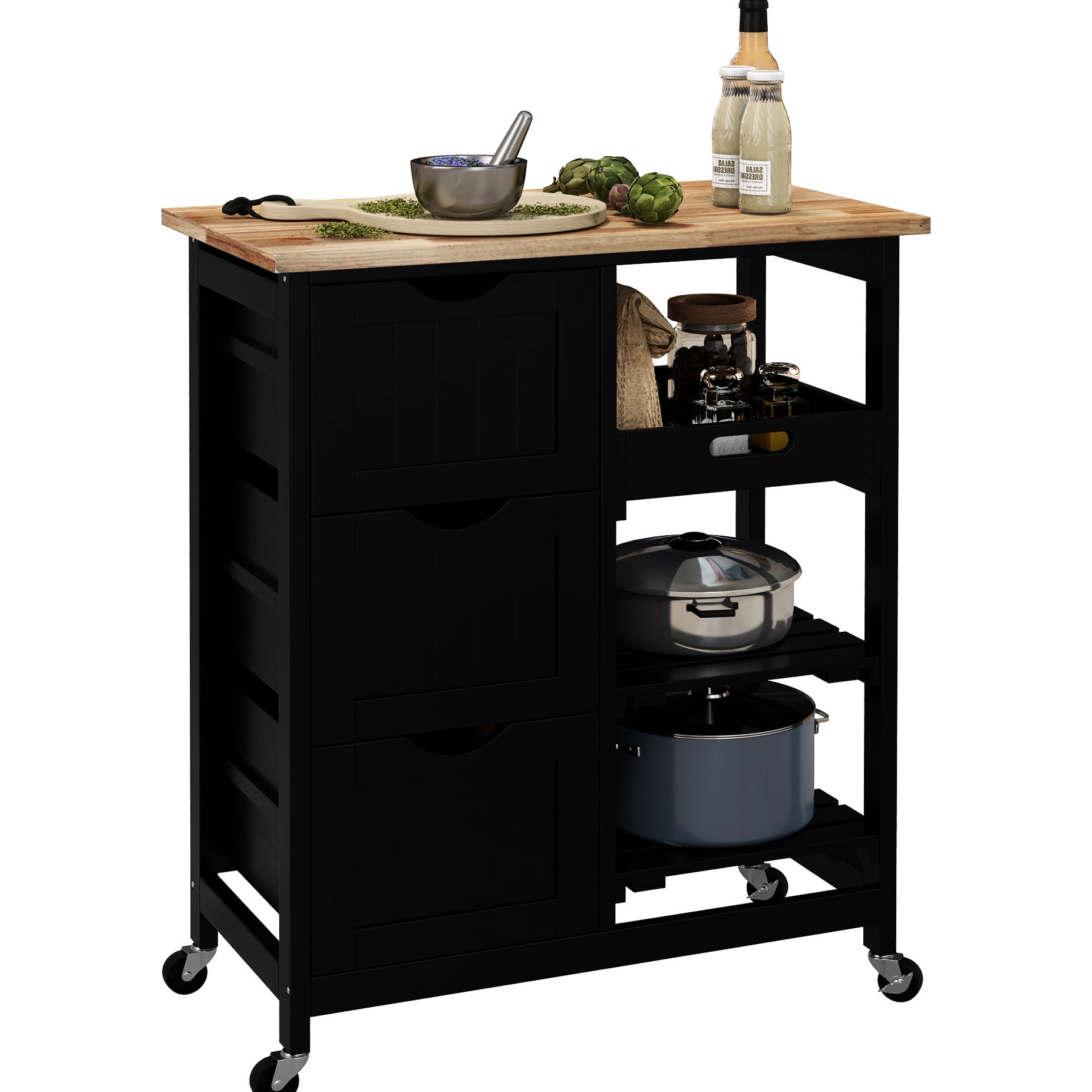 Black Rolling Kitchen Cart With Wood Countertop, 3 Drawers, 2 Shelves ...