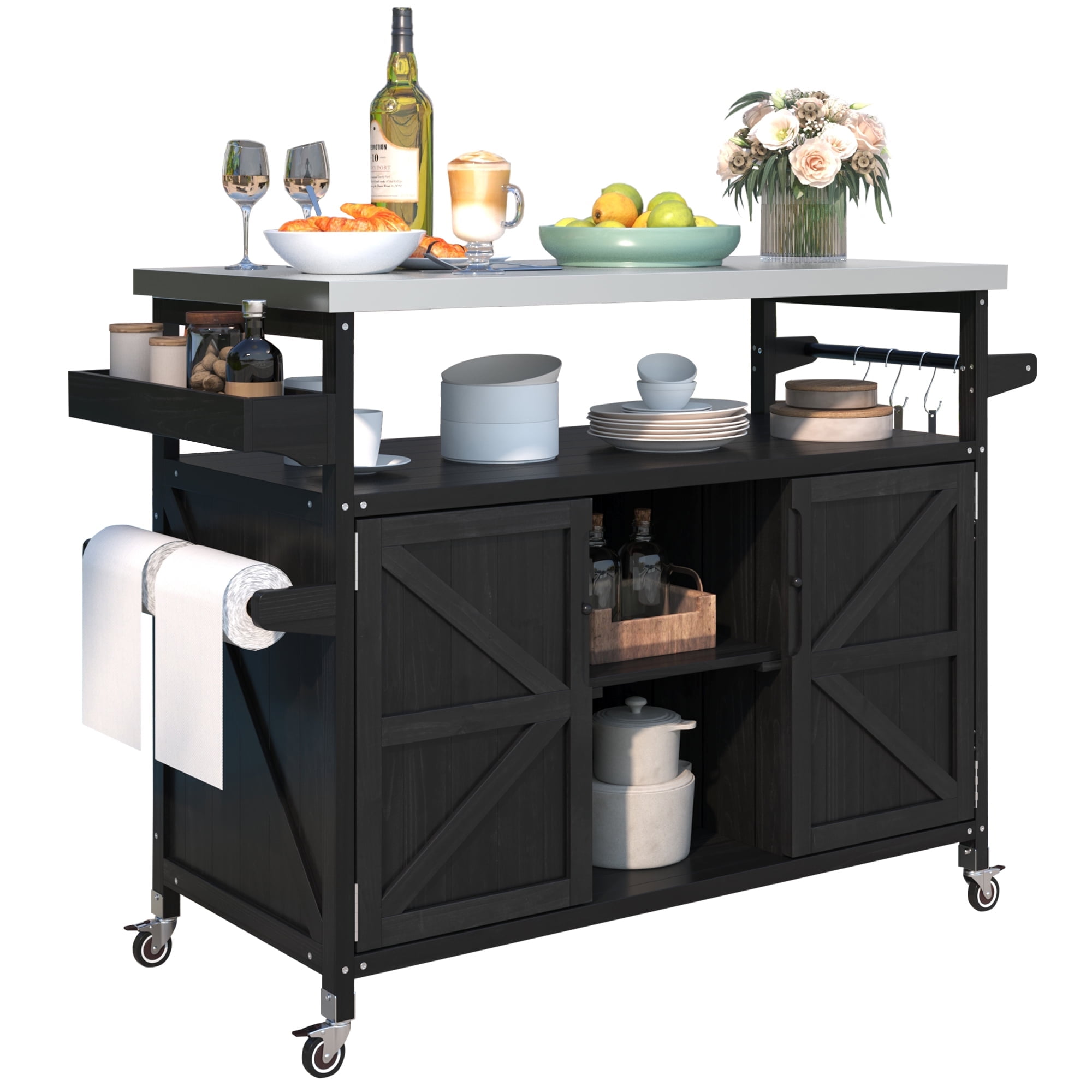 Black Rolling Kitchen Island with Storage, Fir Wood Portable Kitchen ...