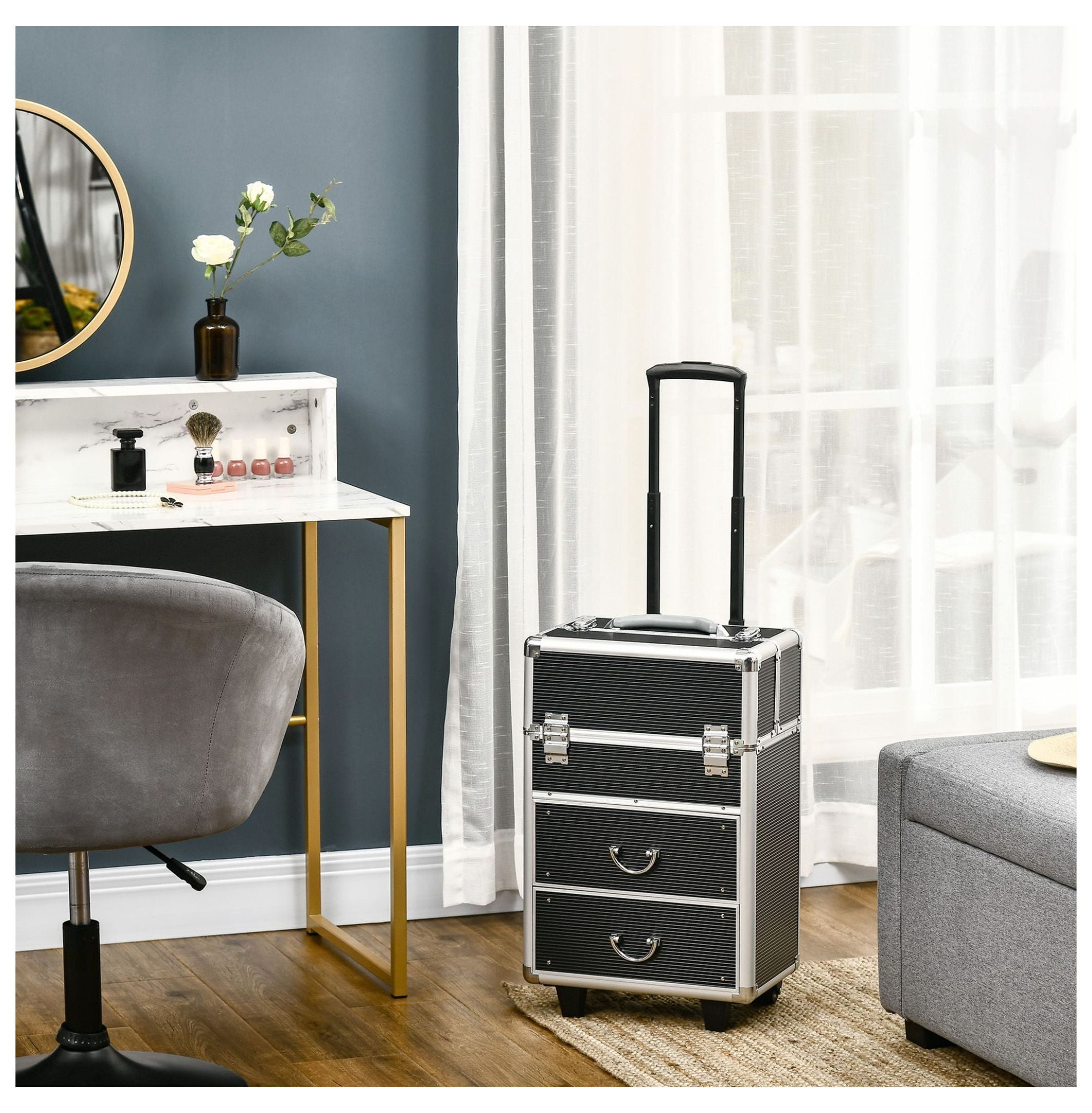 Black Rolling Makeup Case Large Storage, Cosmetic Trolley Lockable ...