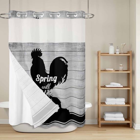 Black Rooster No Hook Shower Curtain with Snap in Liner, Spring Will ...