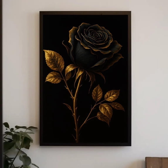 Black Rose Art, Gothic Floral Print With Gold Trim, Unframed Paper ...