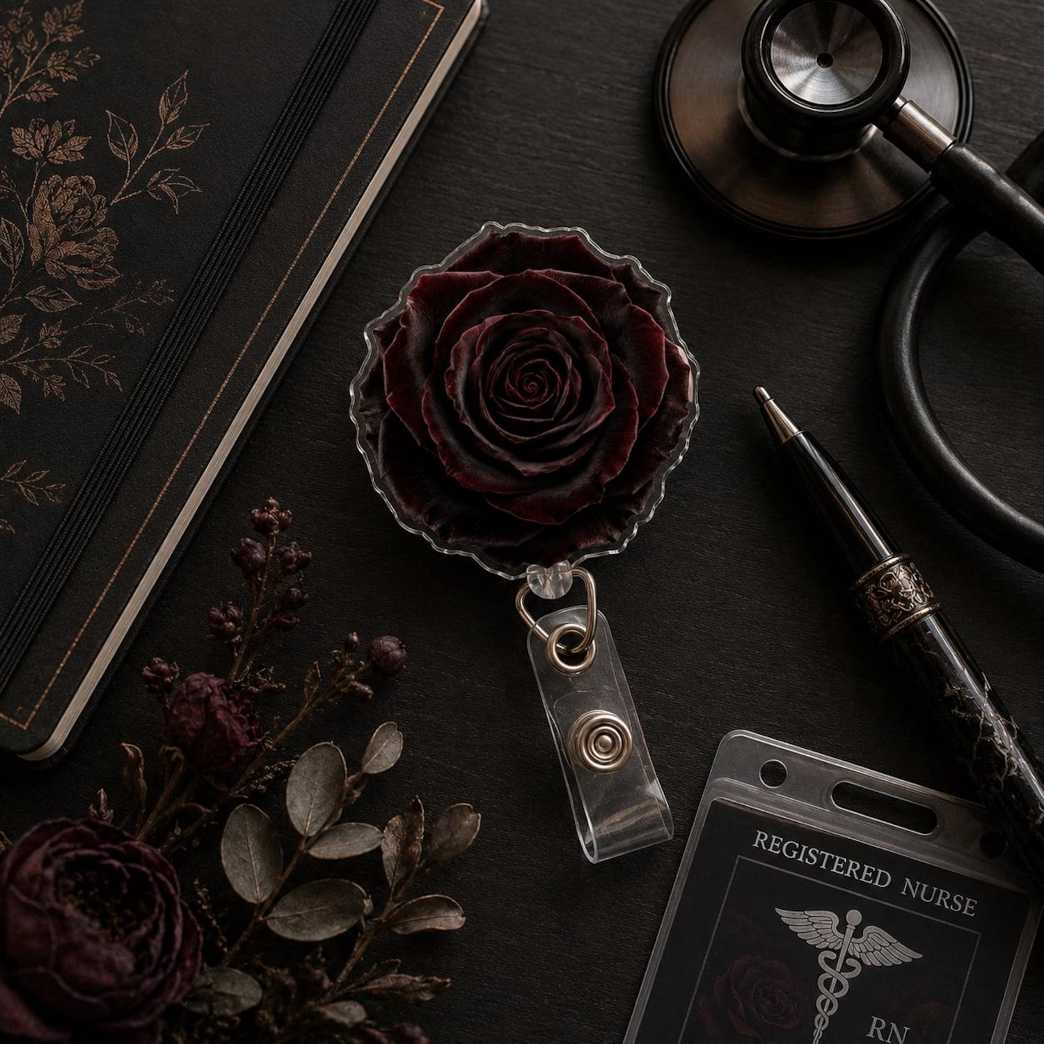 Black Rose Badge Reel, Dark Feminine Gothic Rose Aesthetic Retractable ...