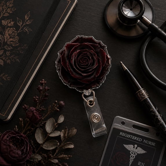 Black Rose Badge Reel, Dark Feminine Gothic Rose Aesthetic Retractable ...