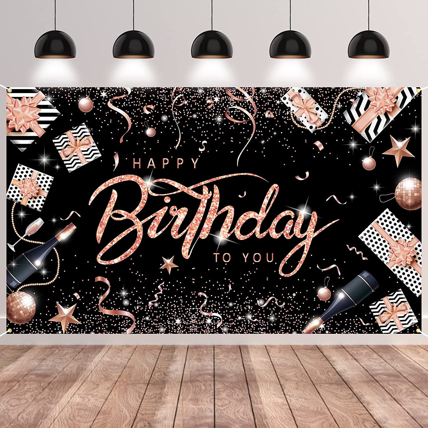 Black Rose Birthday Backdrop, Happy Birthday Banner Rose Gold Party ...