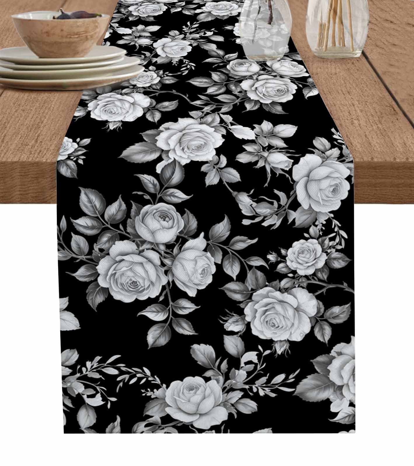Black Rose Burlap Cotton Table Runner 18x72 Inches Long, Vintage ...