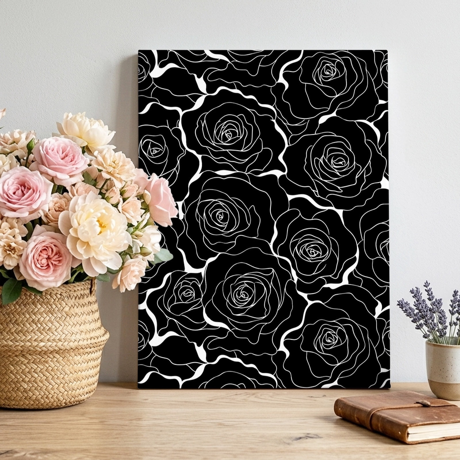Black Rose Canvas Wall Art for Living Room, Floral Blossom White ...