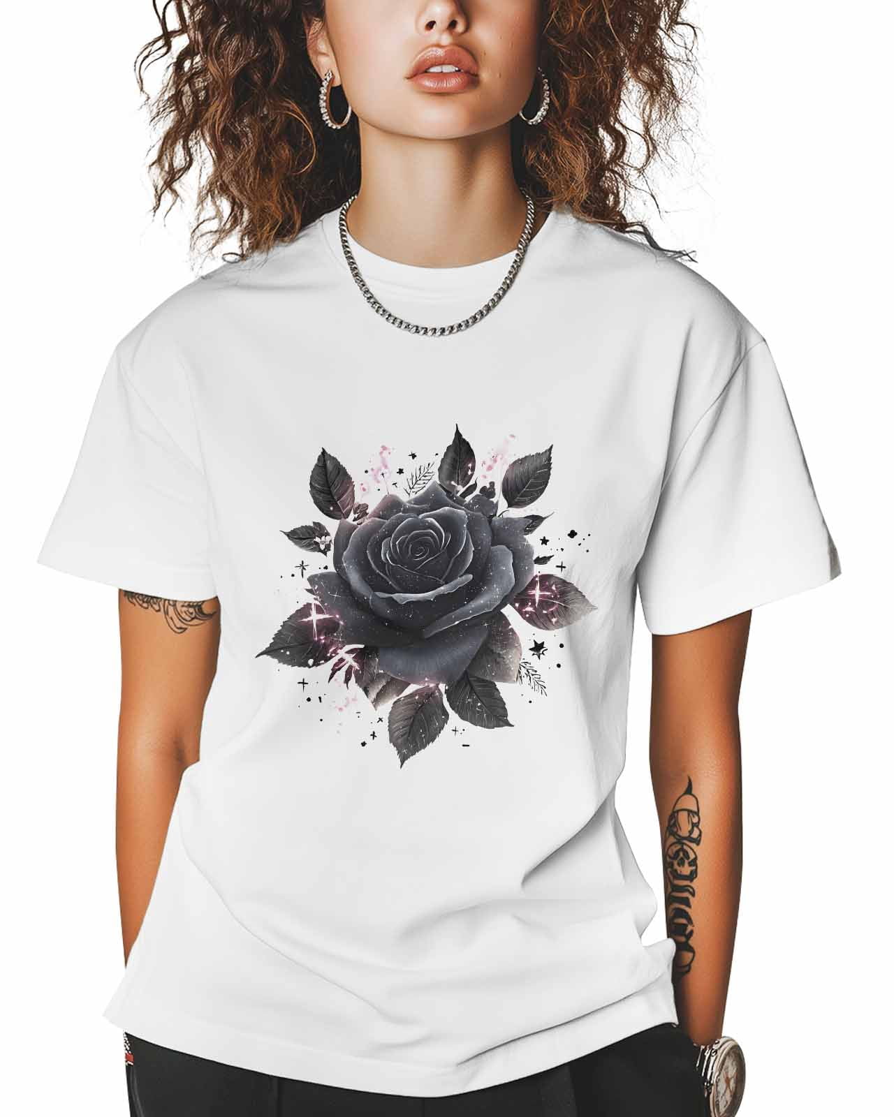 Black Rose Floral T Shirts for Women Short Sleeve Cotton Crewneck T ...