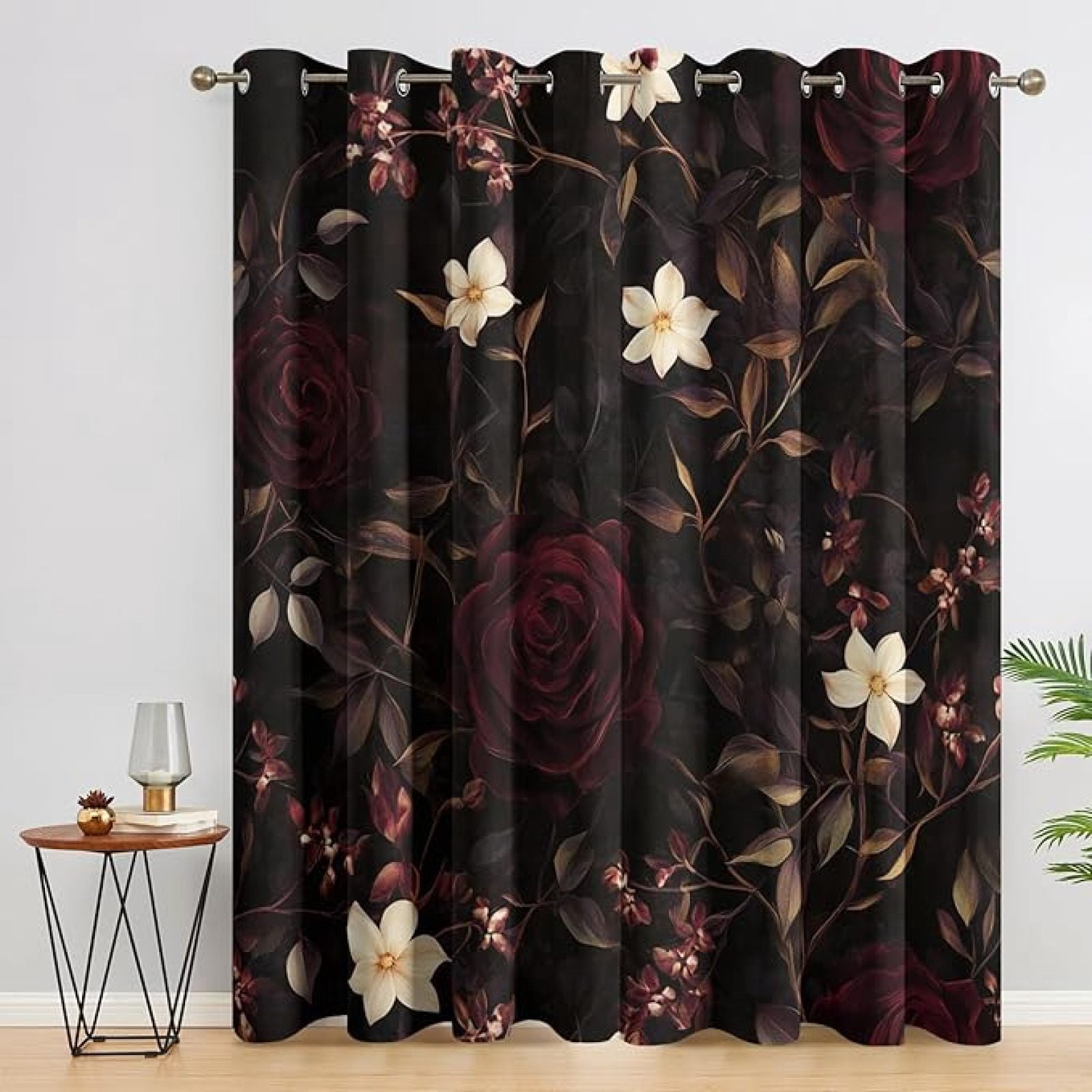 Black Rose Flower Blackout Curtains, Moody Floral Curtains for Bedroom ...