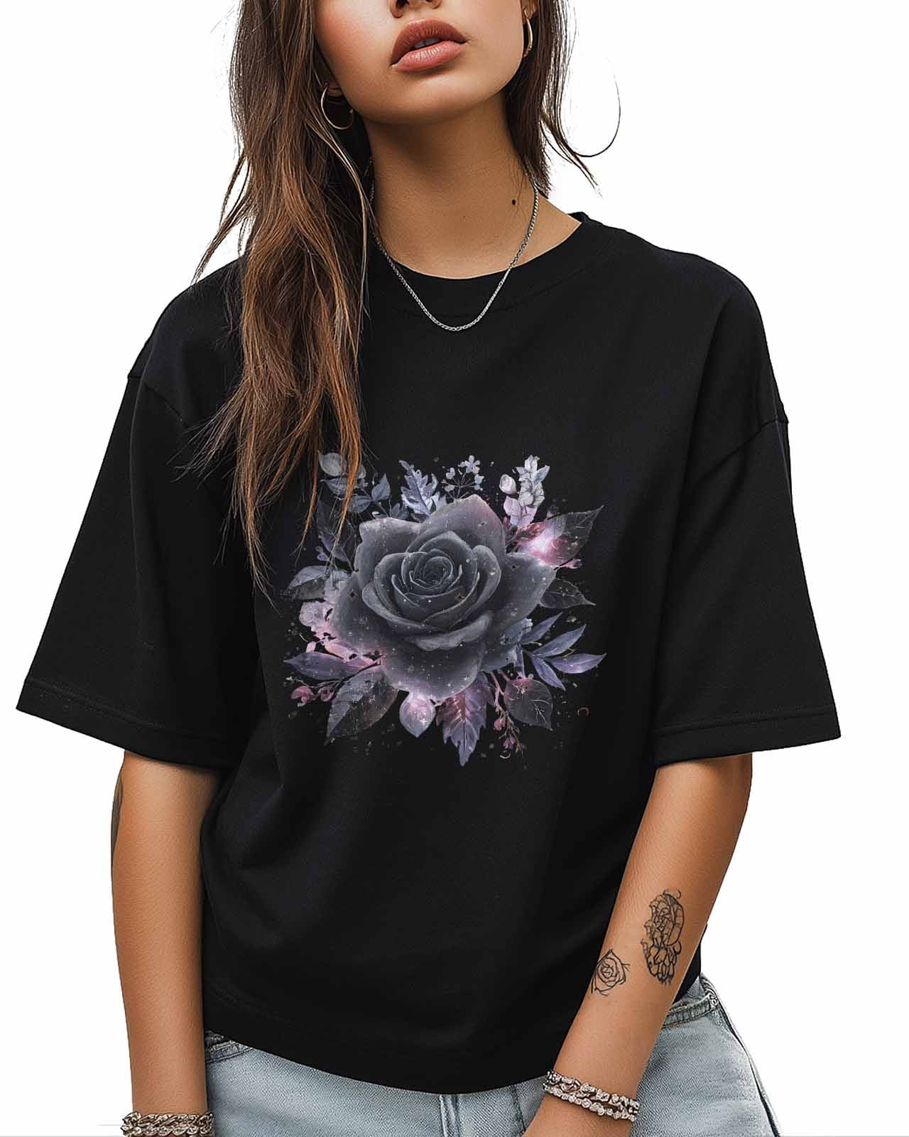 Black Rose Flower T Shirts for Women Short Sleeve Cotton Crewneck T ...