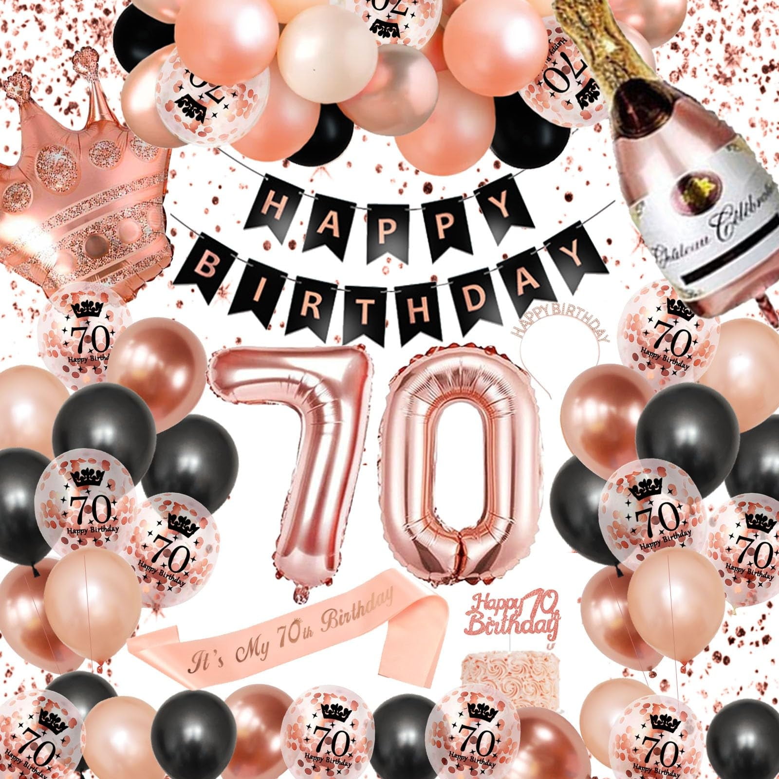 Black Rose Gold 70th Birthday Decoration for Lady, 70th Happy Birthday ...