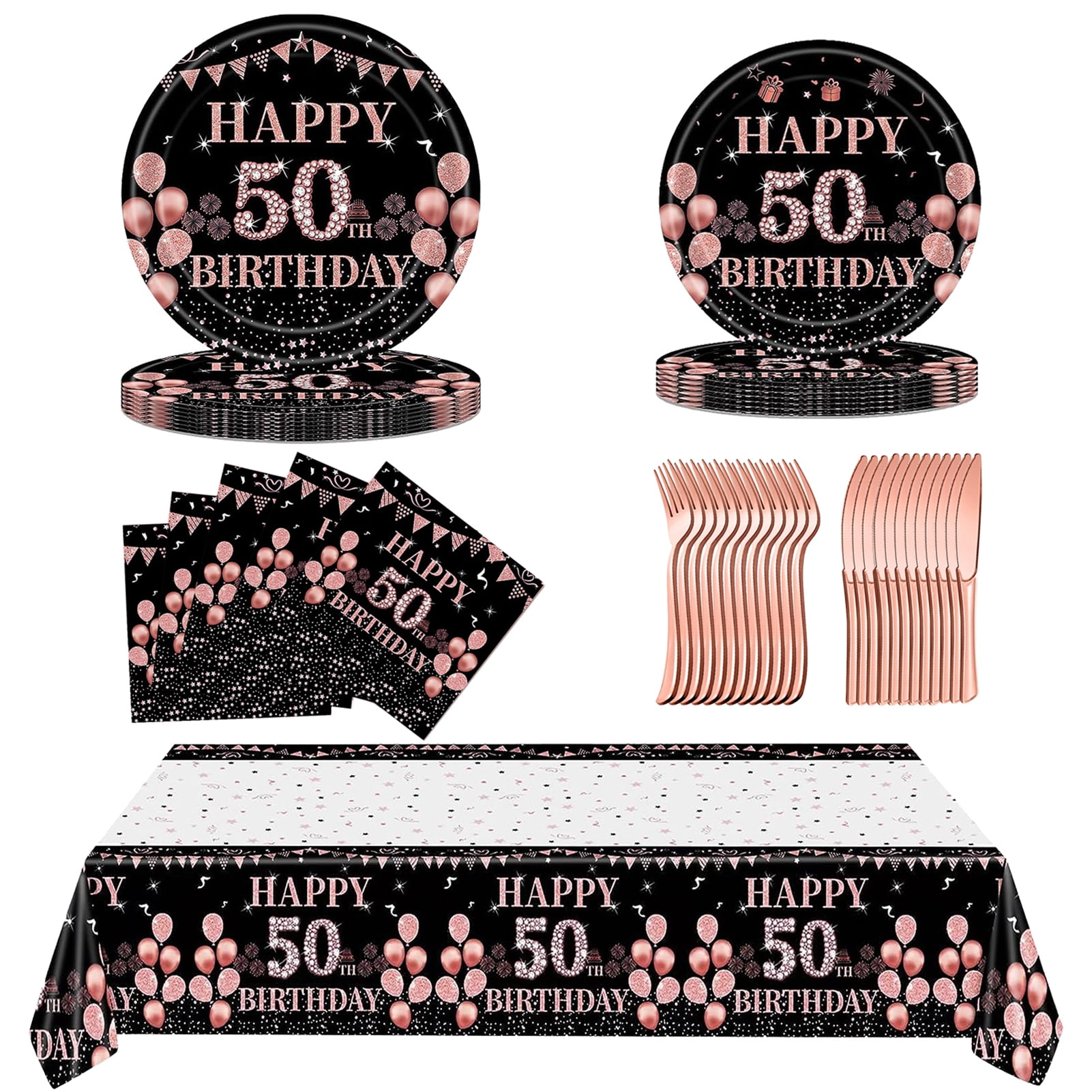 ABWL Black Rose Gold 50th Birthday Party Supply Set 121 Pieces for 24 ...