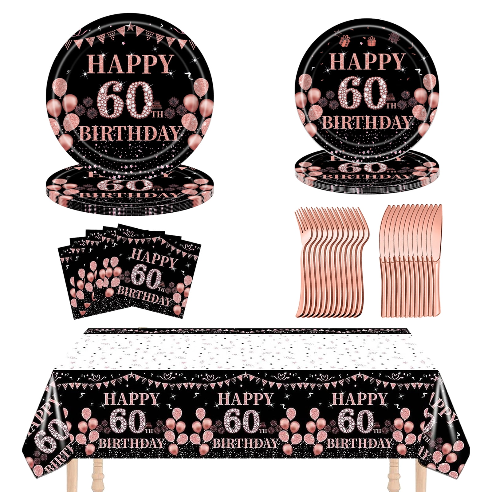 60th Birthday Party Supplies Set - Black Rose Gold, Disposable ...
