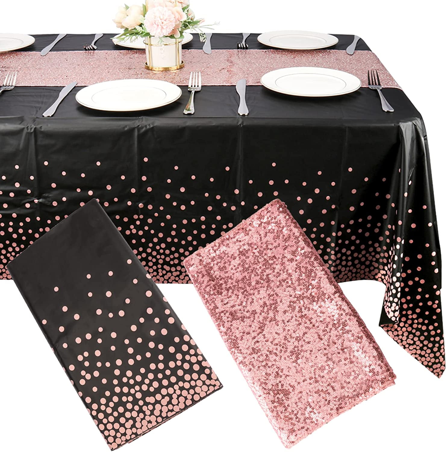 Black Rose Gold Tablecloth and Sequin Table Runner Set, 12 x108 Inch ...