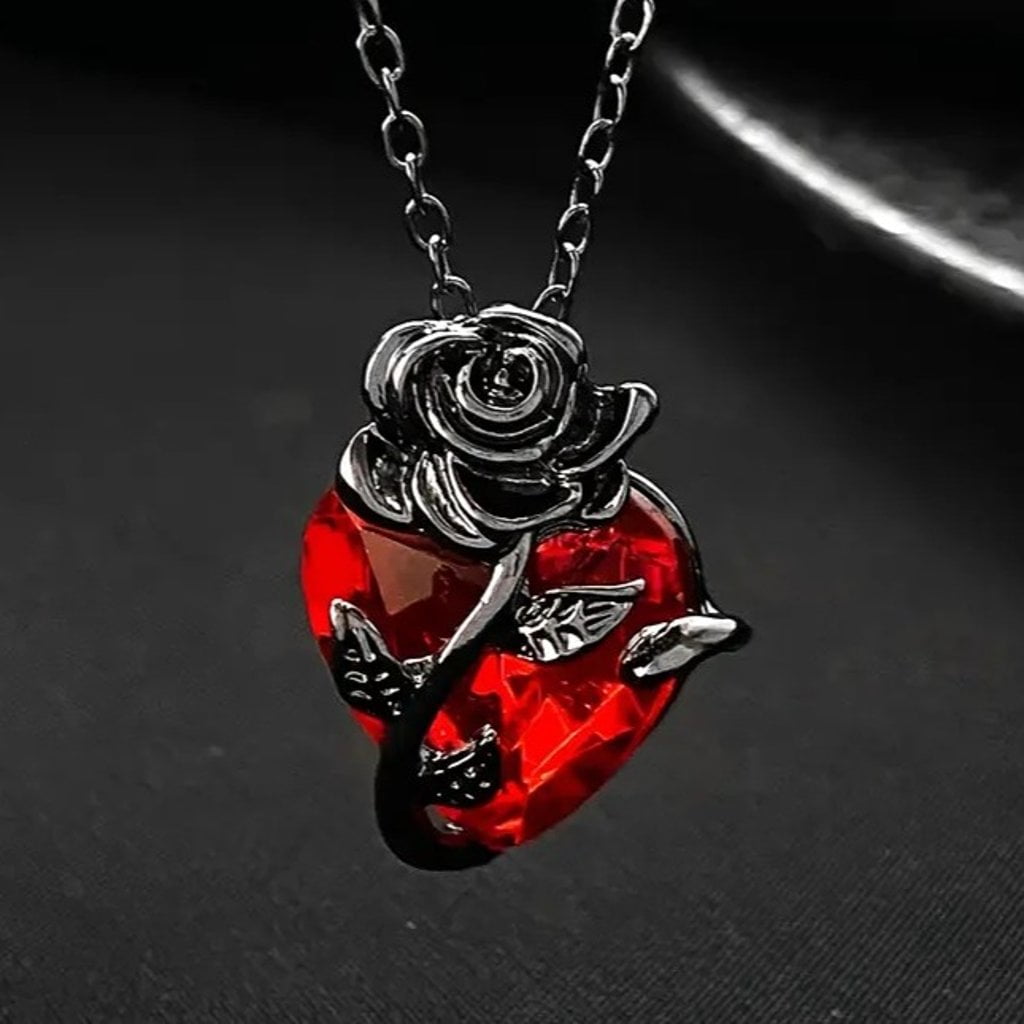Black Rose Necklace Victorian Pendant with Red Heart Jewel, Beauty and ...