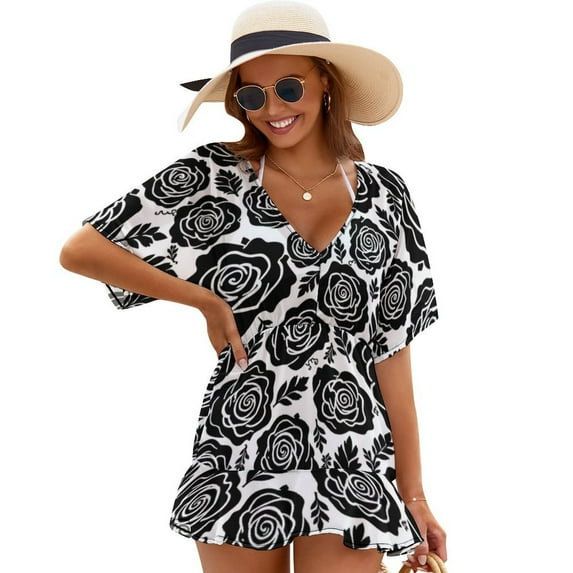Black Rose Pattern Repeating Beach Cover Ups Women V Neck Short Sleeve ...