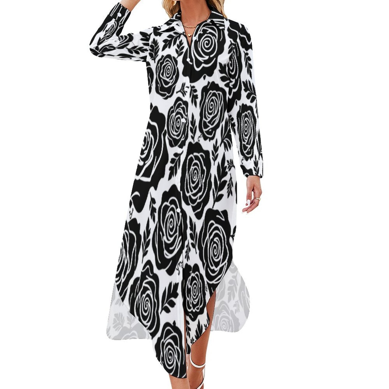 Black Rose Pattern Repeating Shirt Dress Long Sleeve Street Fashion V ...