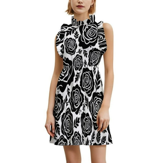 Black Rose Pattern Repeating Women's Fashion Casual Dress Summer Stand ...
