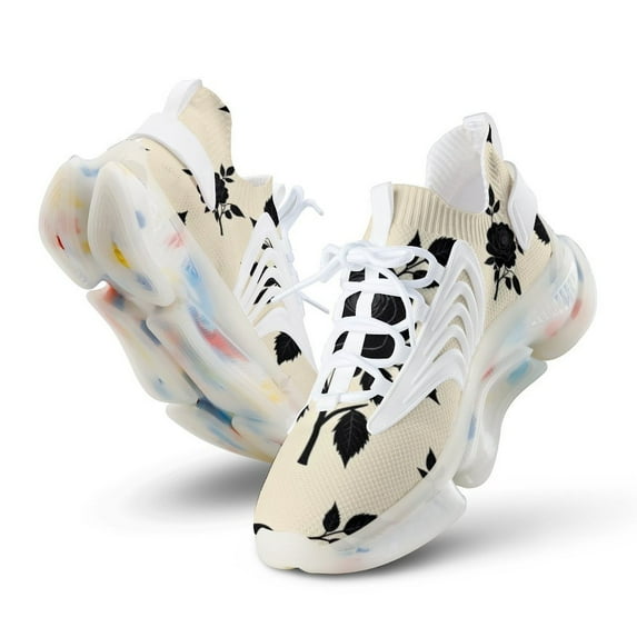 Black Rose Pattern on Cream Walking Shoes for Men Woman Lightweight ...