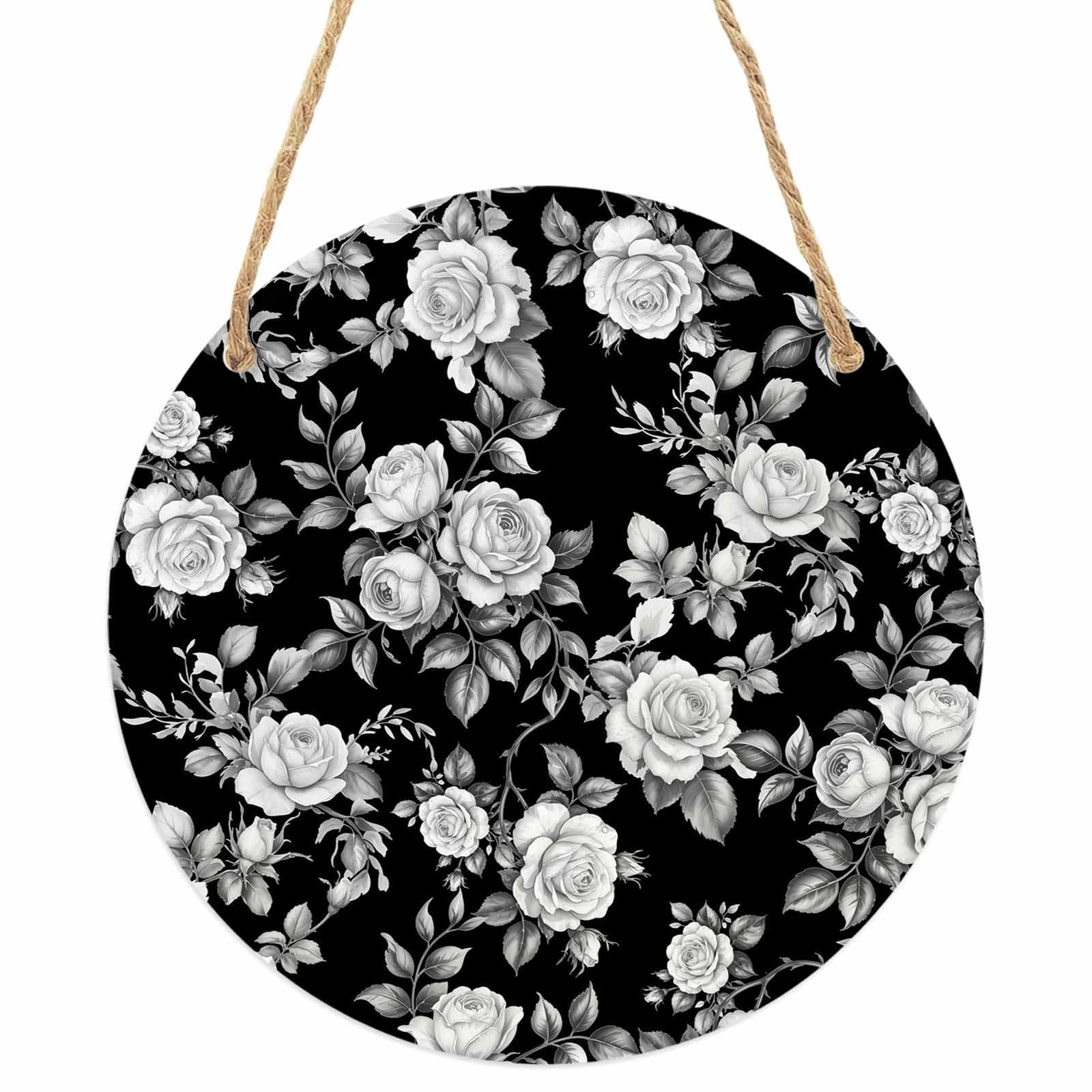 Black Rose Round Front Door Welcome Sign, 5.9 Inch Wall Hanging Decor ...