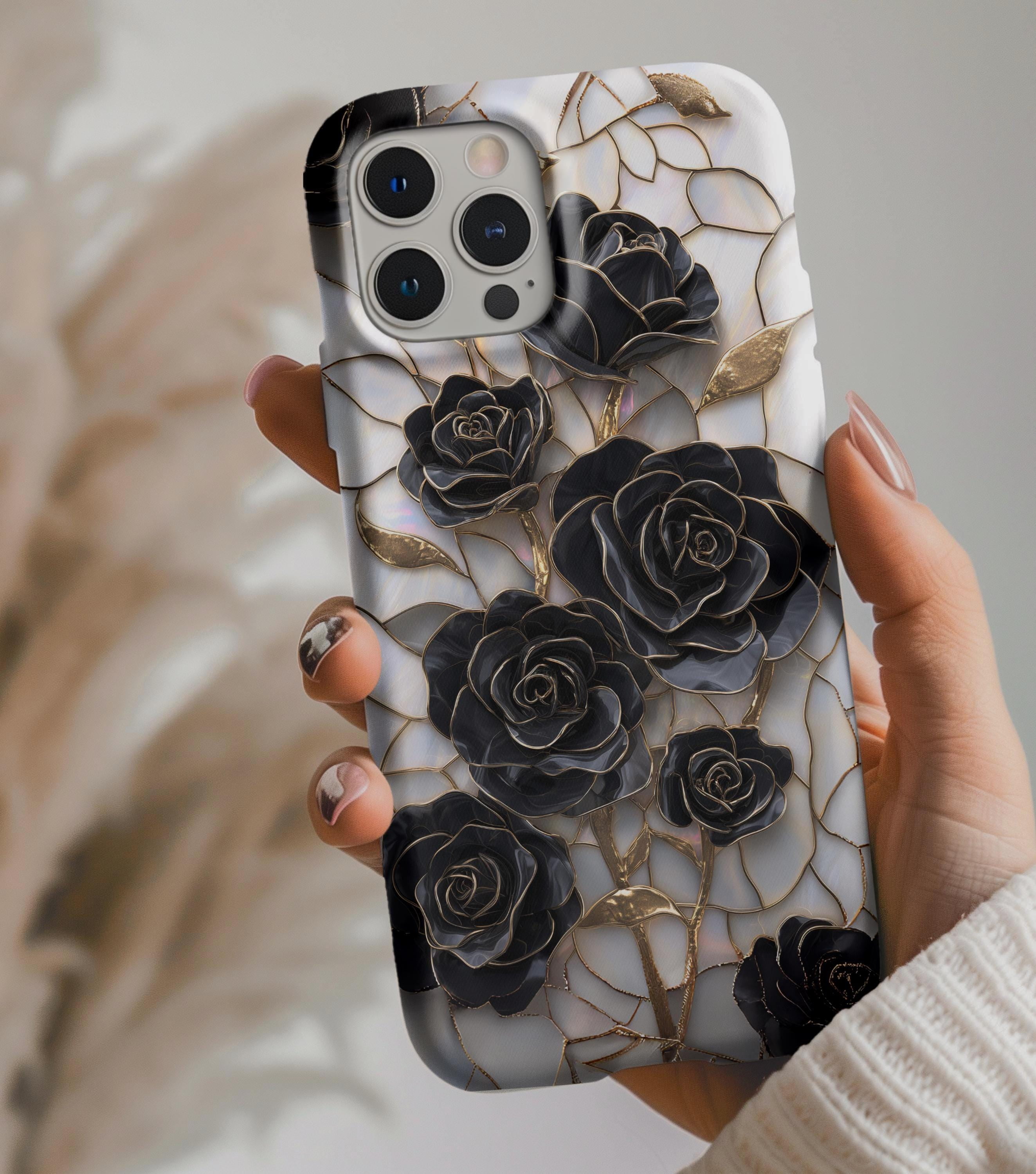 Black Rose Stained Glass Phone Case Gothic Floral iPhone 17 16 15 14 13 ...